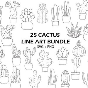 Cactus Line Art SVG Bundle Hand Drawn Succulent Simple Doodle Cactus ...