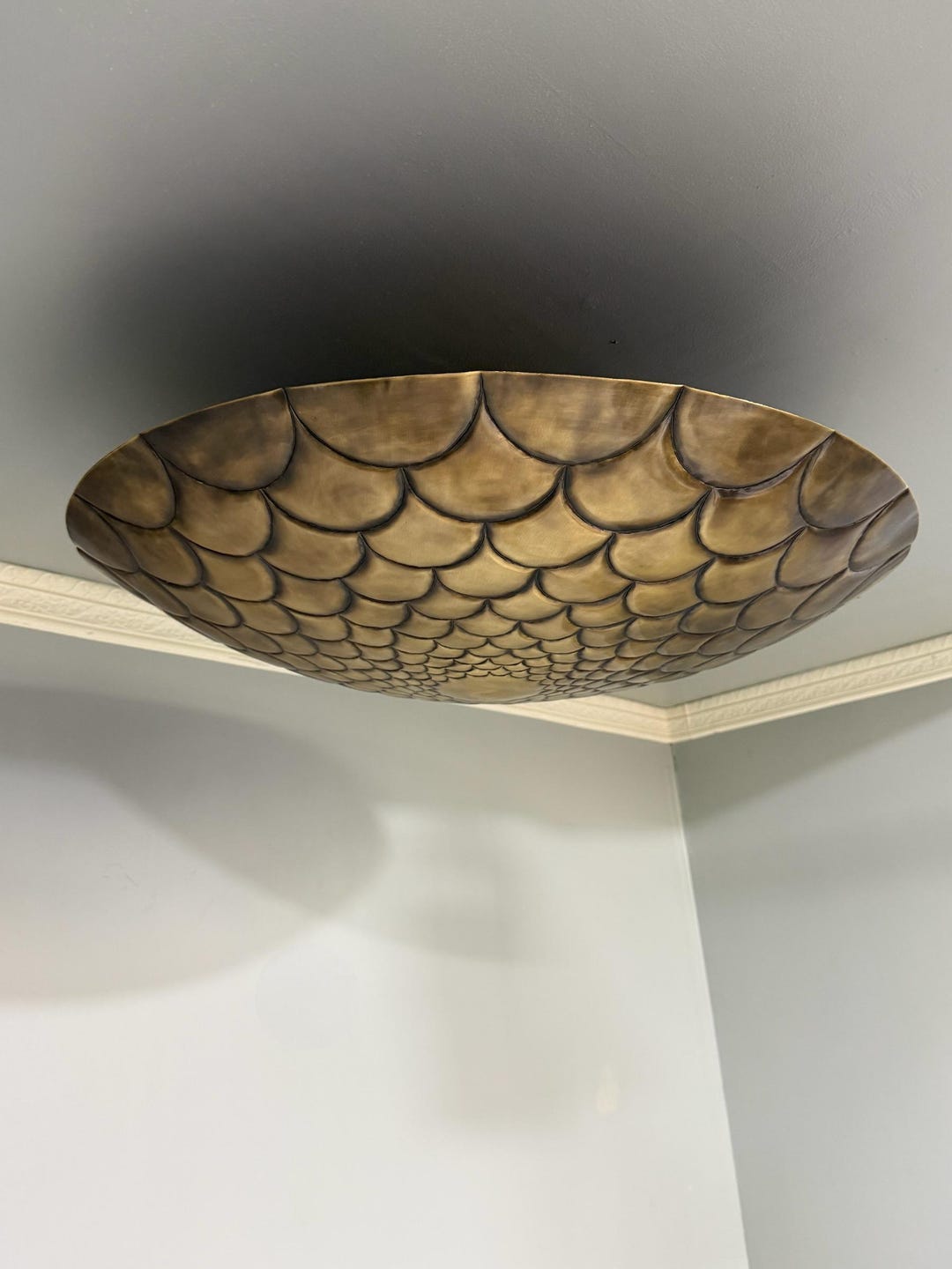 Brass Flush Mount Ceiling Light | Antique Scalloped Fish Scale Style ...
