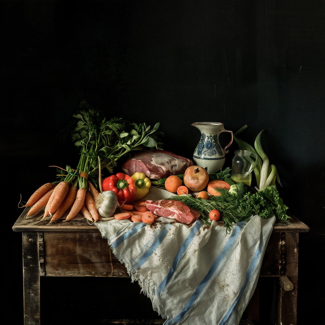 Rustic Still Life Art Print of Fresh Meat, Vegetables and Flowers - Etsy UK