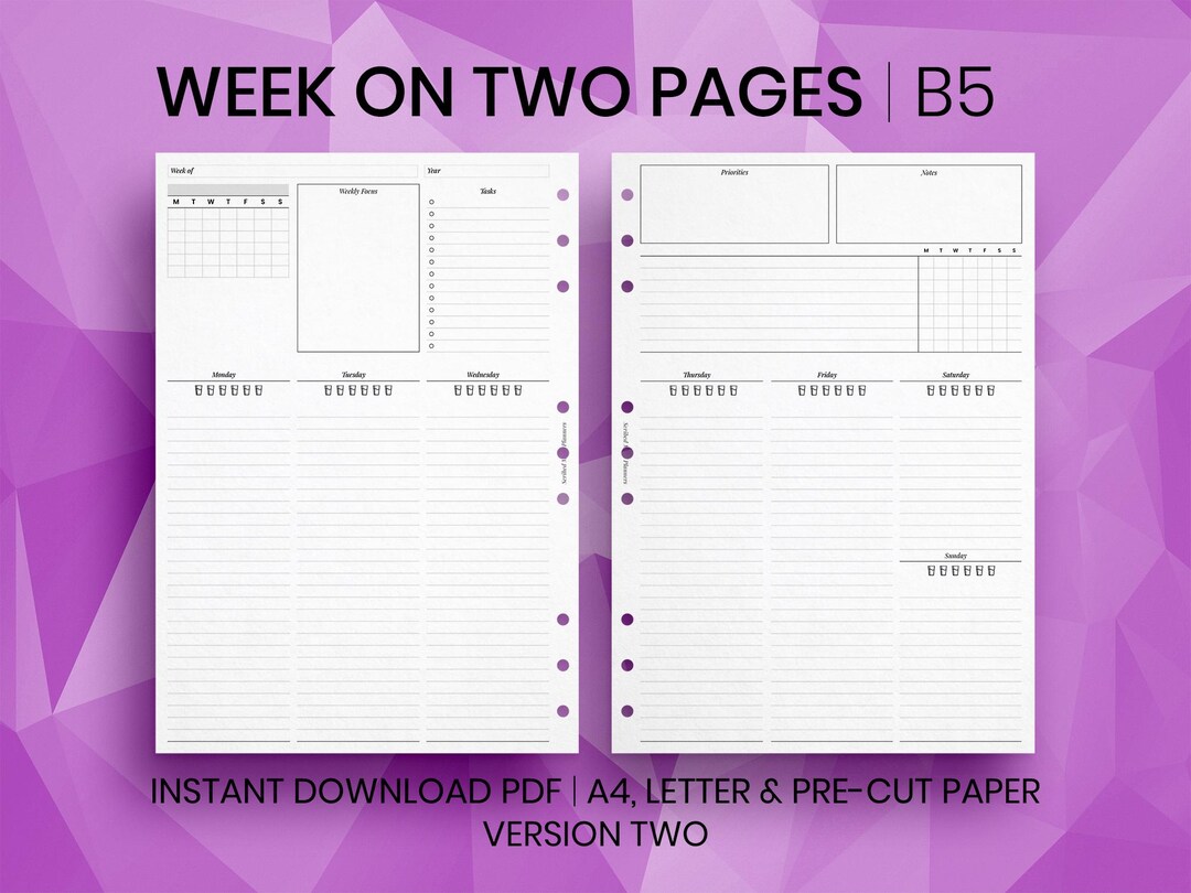 B5 Planner Inserts | Week on Two Pages (digital Download) - Etsy