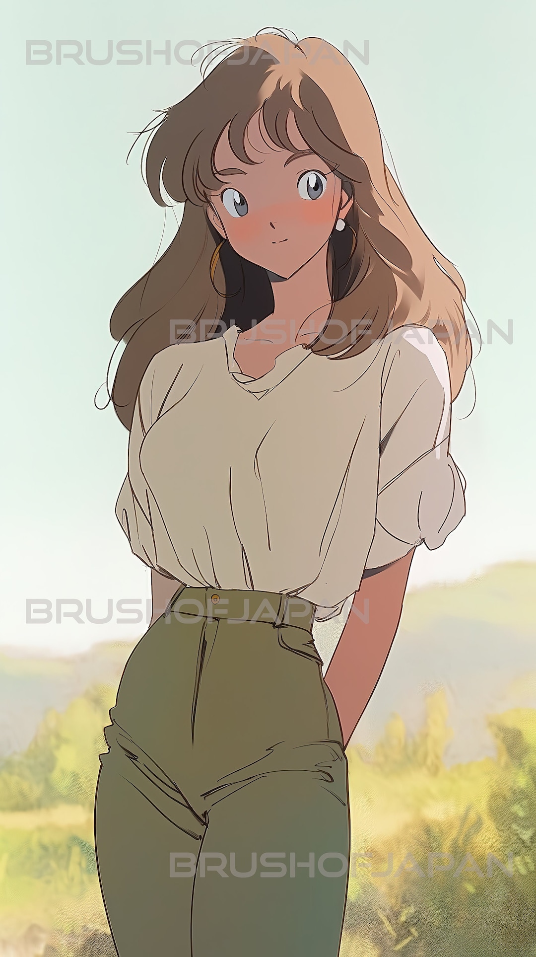 Shy Cute Tall Anime Girl With Brown Hair and Green Jeans, Vintage ...