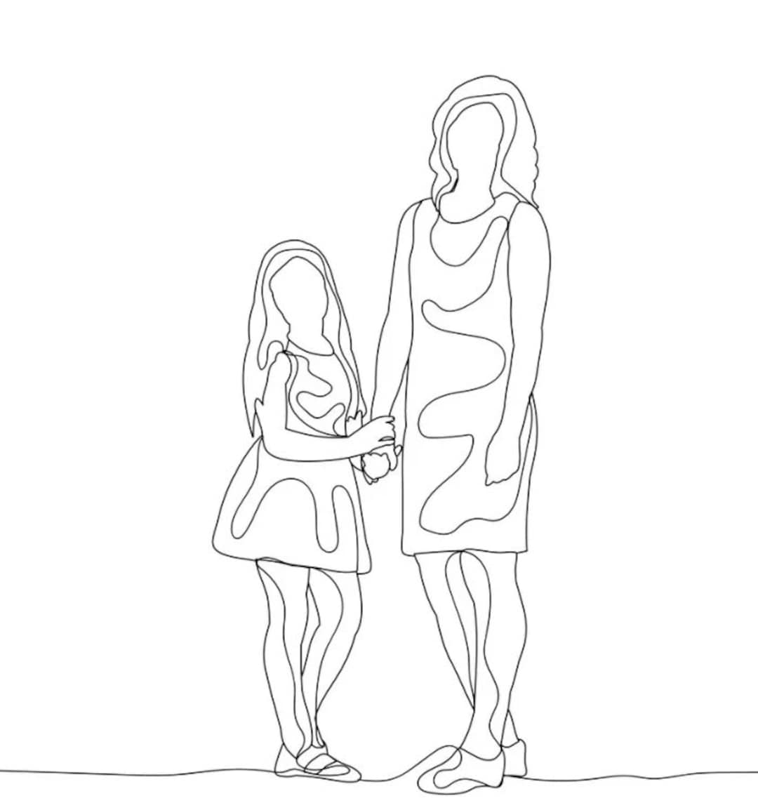 Isolated Sketch Lines Mom and Daughter Family Image - Etsy
