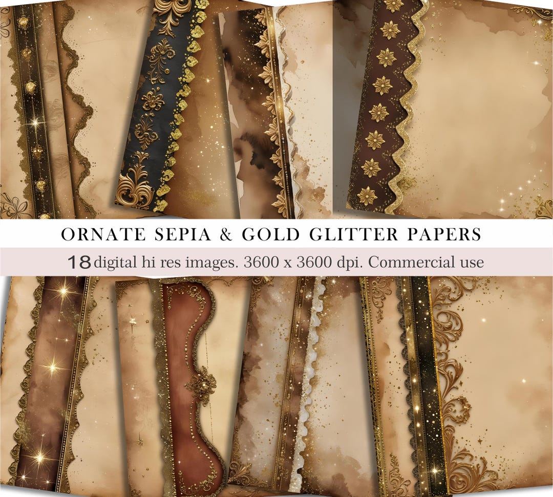 Sepia & Gold Glitter Digital Paper. Ornate Antique Journal Paper ...