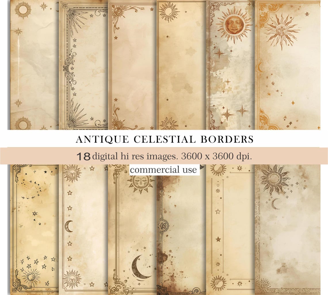 Antique Celestial Borders Digital Paper, Vintage Sun Moon Star Journal ...