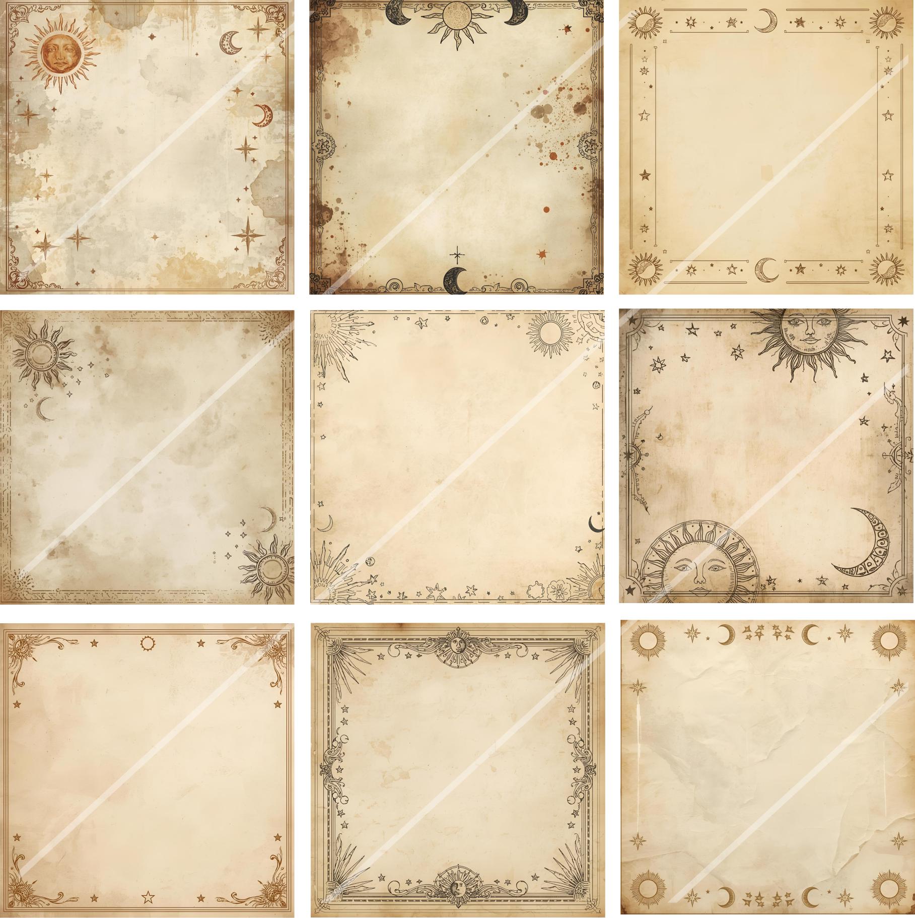 Antique Celestial Borders Digital Paper, Vintage Sun Moon Star Journal ...