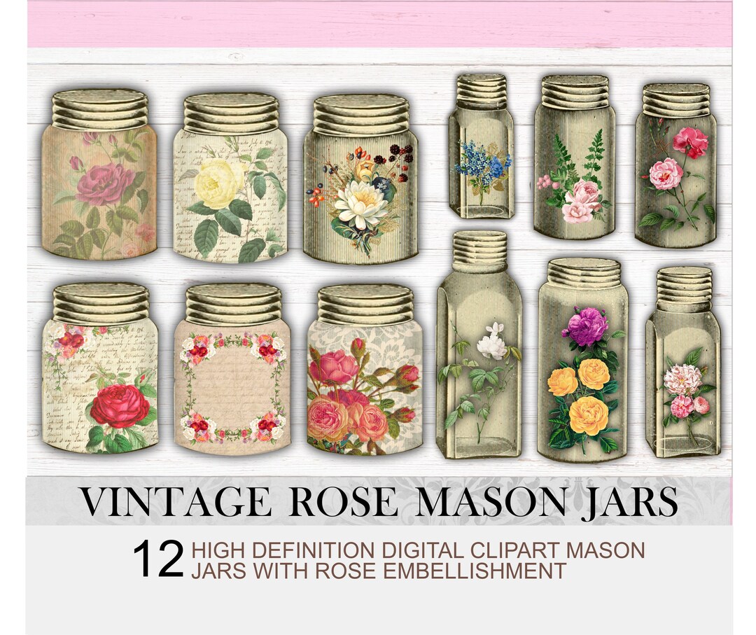 Printable Vintage Mason Jars.floral Tags.digital Floral Tags.antique ...