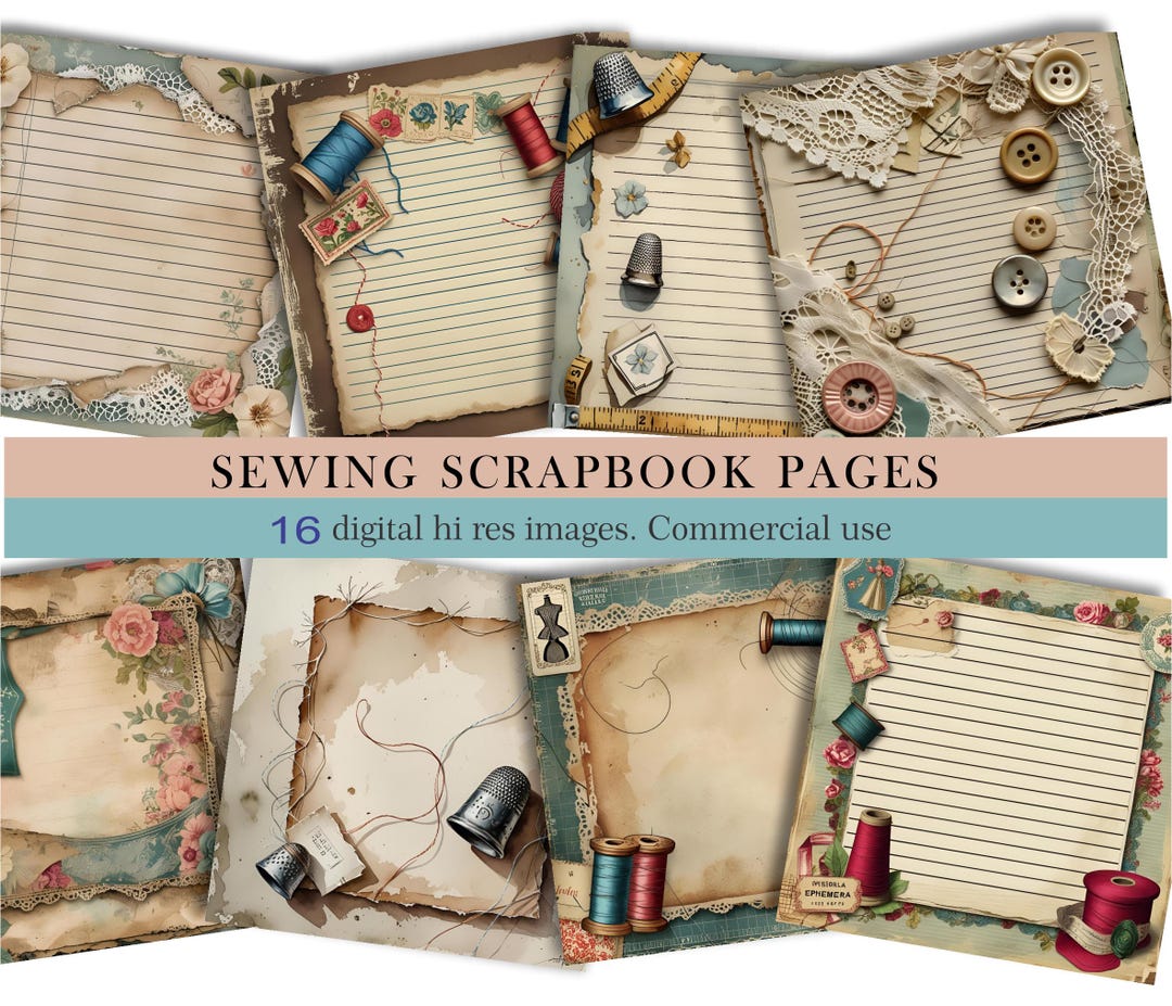 Sewing Scrapbook Pages – 16 Vintage Sewing Journal Papers With Buttons ...
