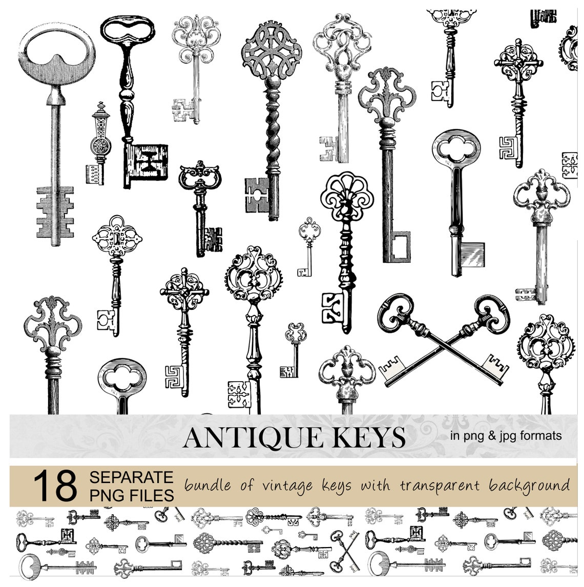 Antique Keys Illustration.vintage Victorian Keys.printable Scrapbook ...