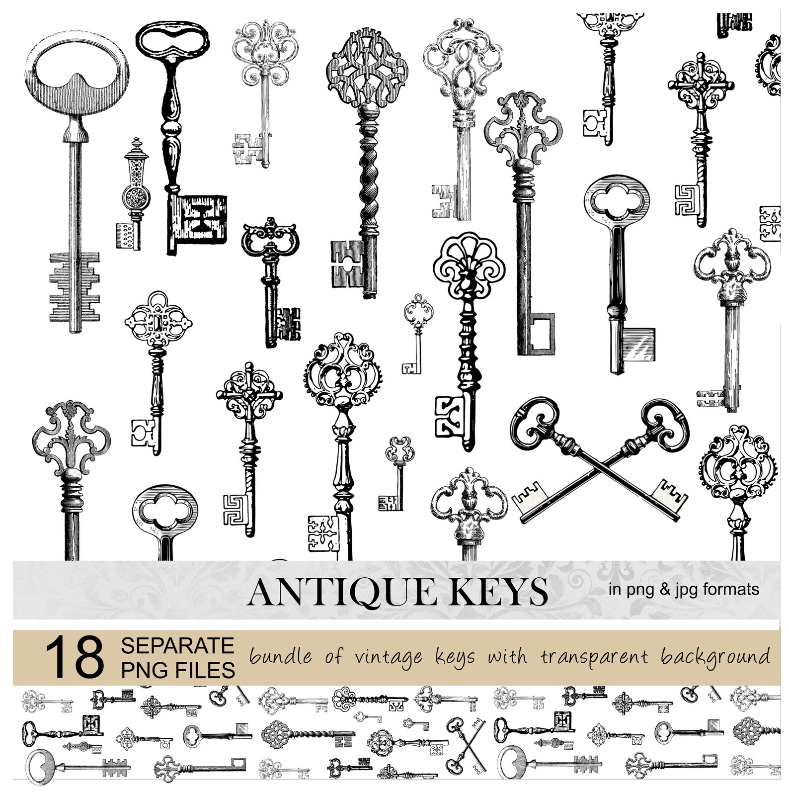 Antique Keys Illustration.vintage Victorian Keys.printable Scrapbook ...