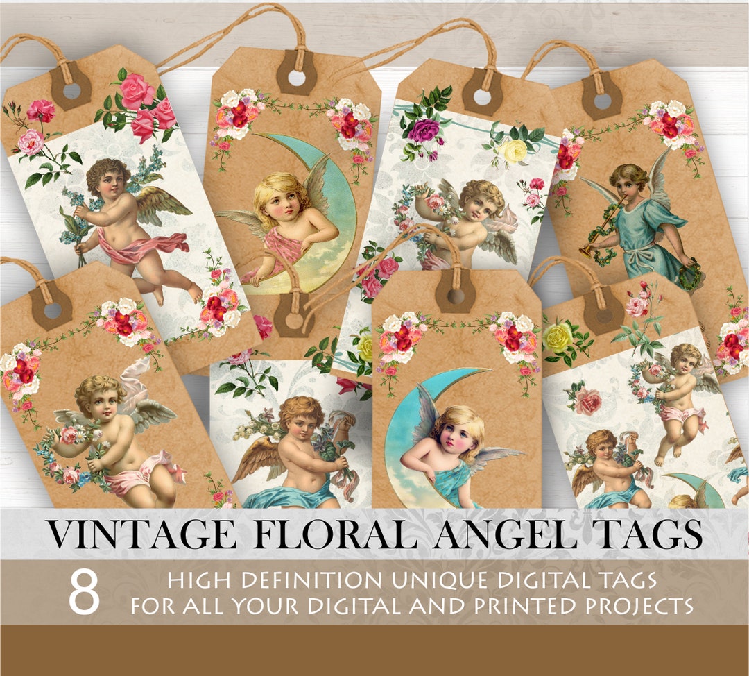 Printable Vintage Angel Floral Tags.digital Angel Tags.antique Angel ...