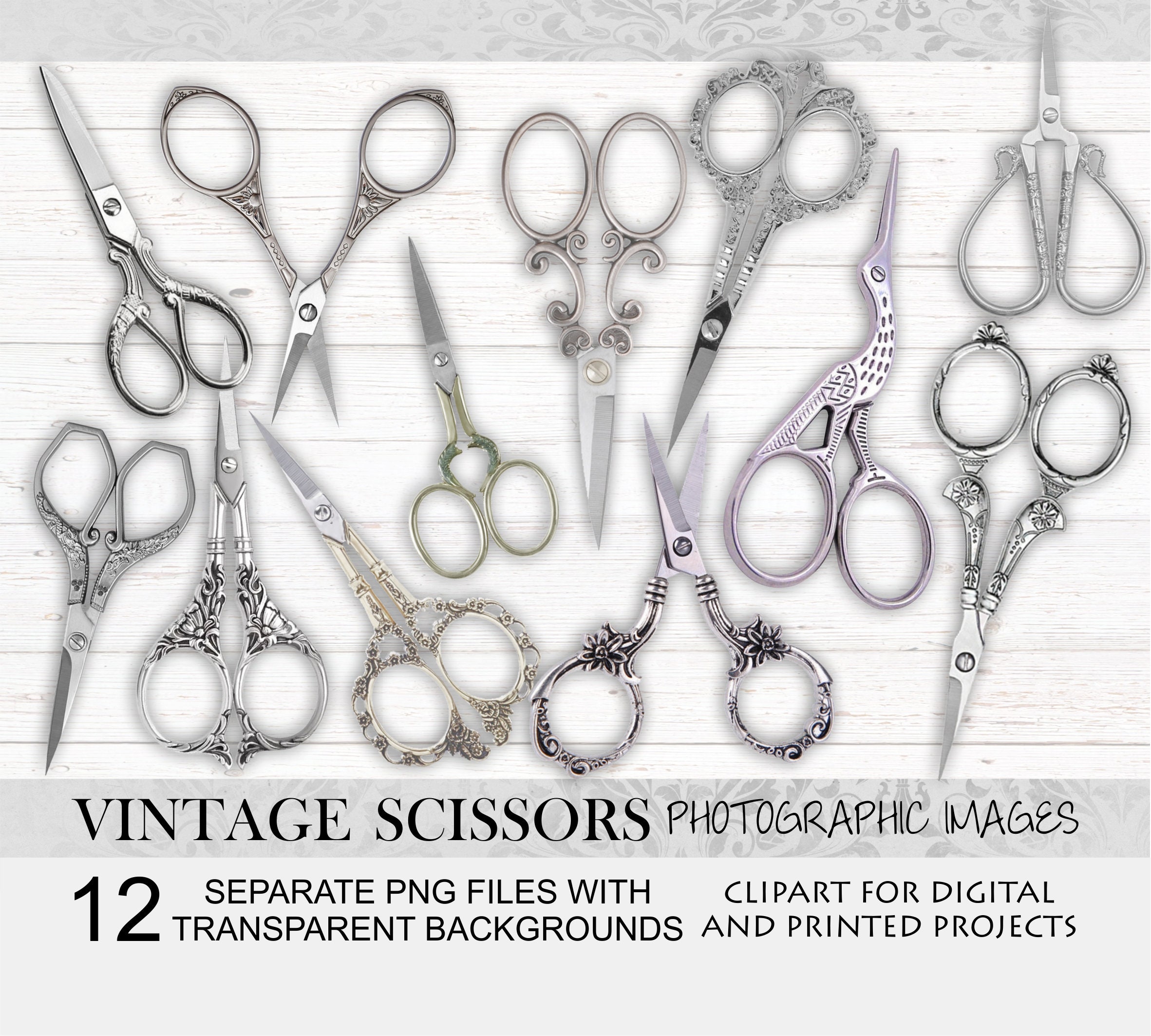 Vintage Silver Sewing Scissors Photo Clipart.victorian Sewing.antique ...