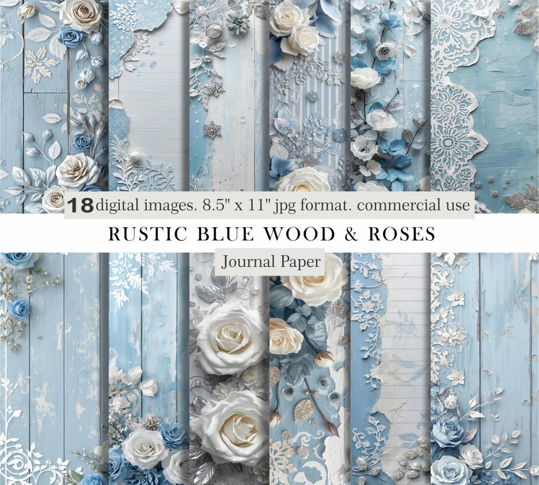 Rustic Blue Wood and Roses Digital Paper, Shabby Chic Floral ...
