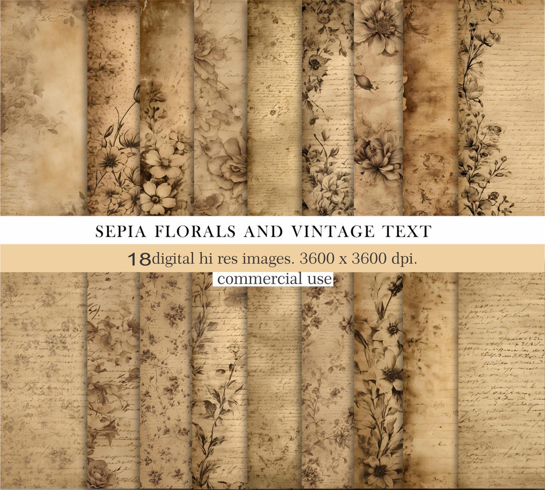 Sepia Floral Digital Papers, Vintage Textured Backgrounds, Antique ...