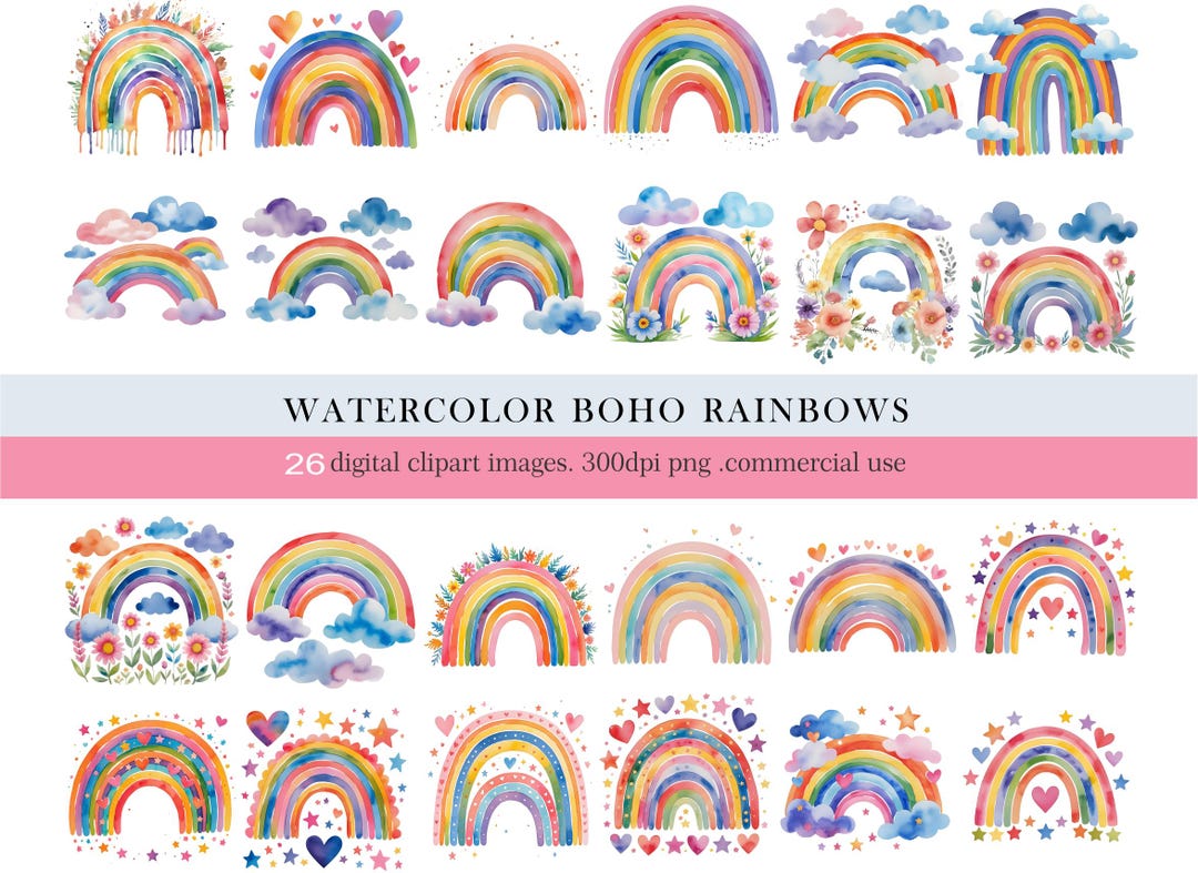 Watercolor Rainbow Clipart. Boho Rainbows With Clouds, Flowers & Hearts ...