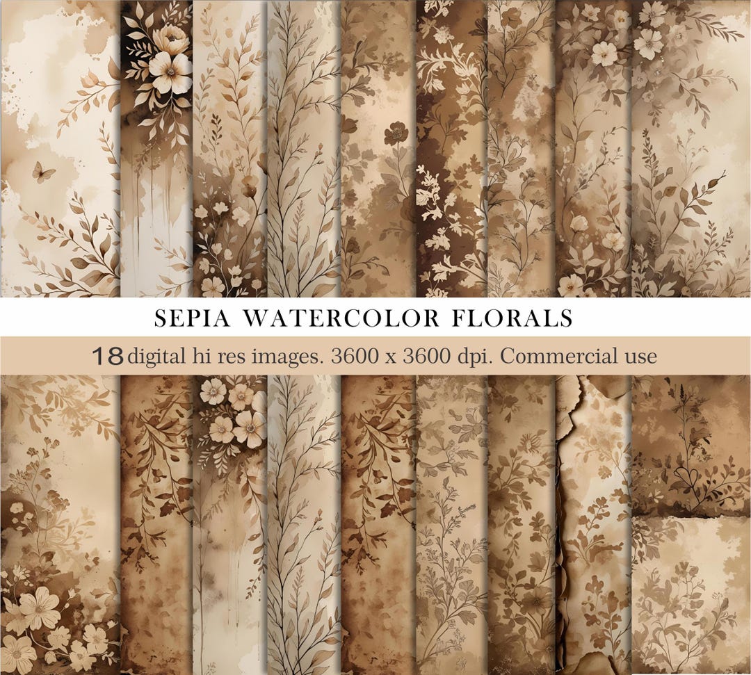 Sepia Watercolor Floral Digital Paper. 18 Vintage Flower Backgrounds ...