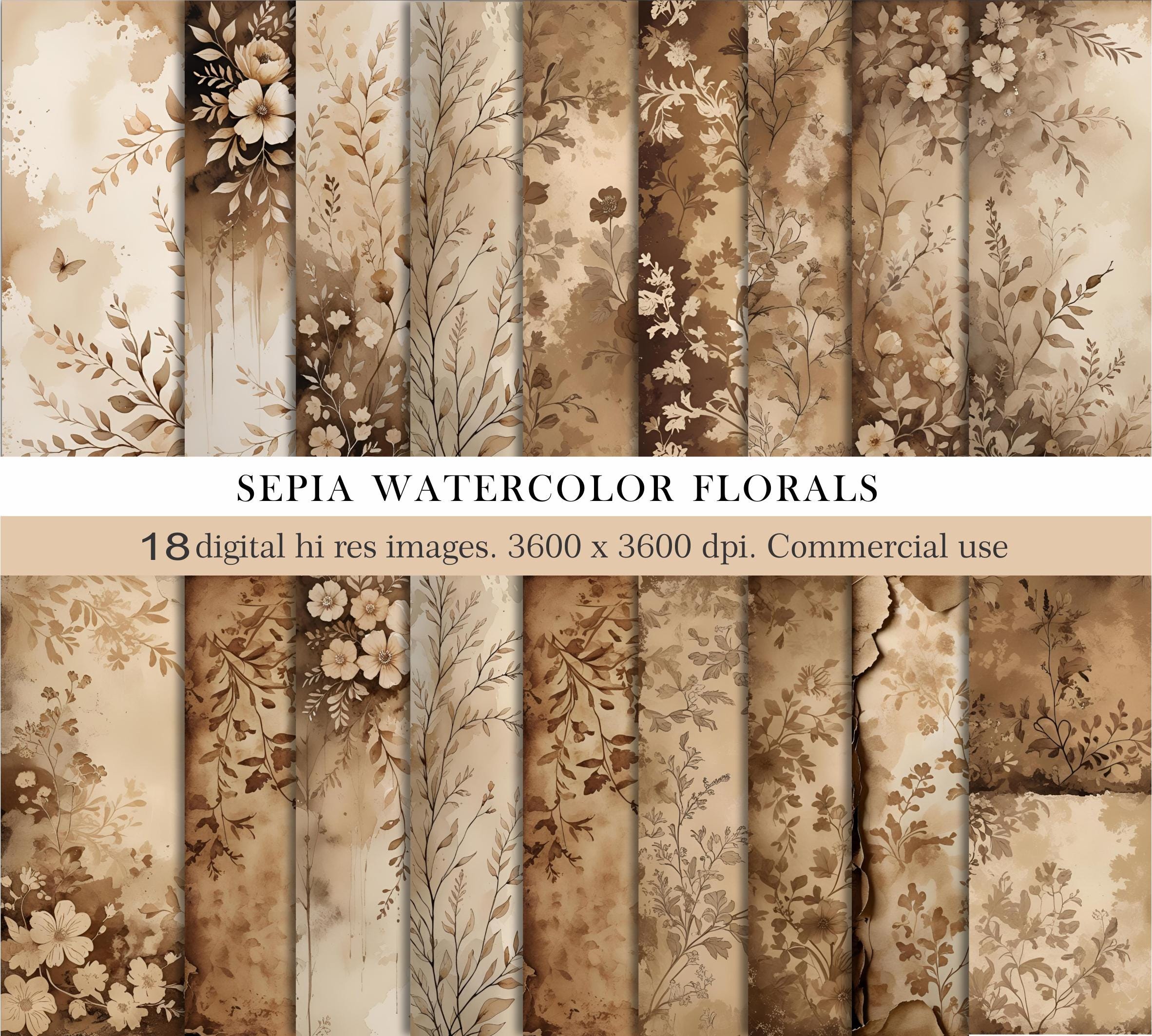 Sepia Watercolor Floral Digital Paper. 18 Vintage Flower Backgrounds ...