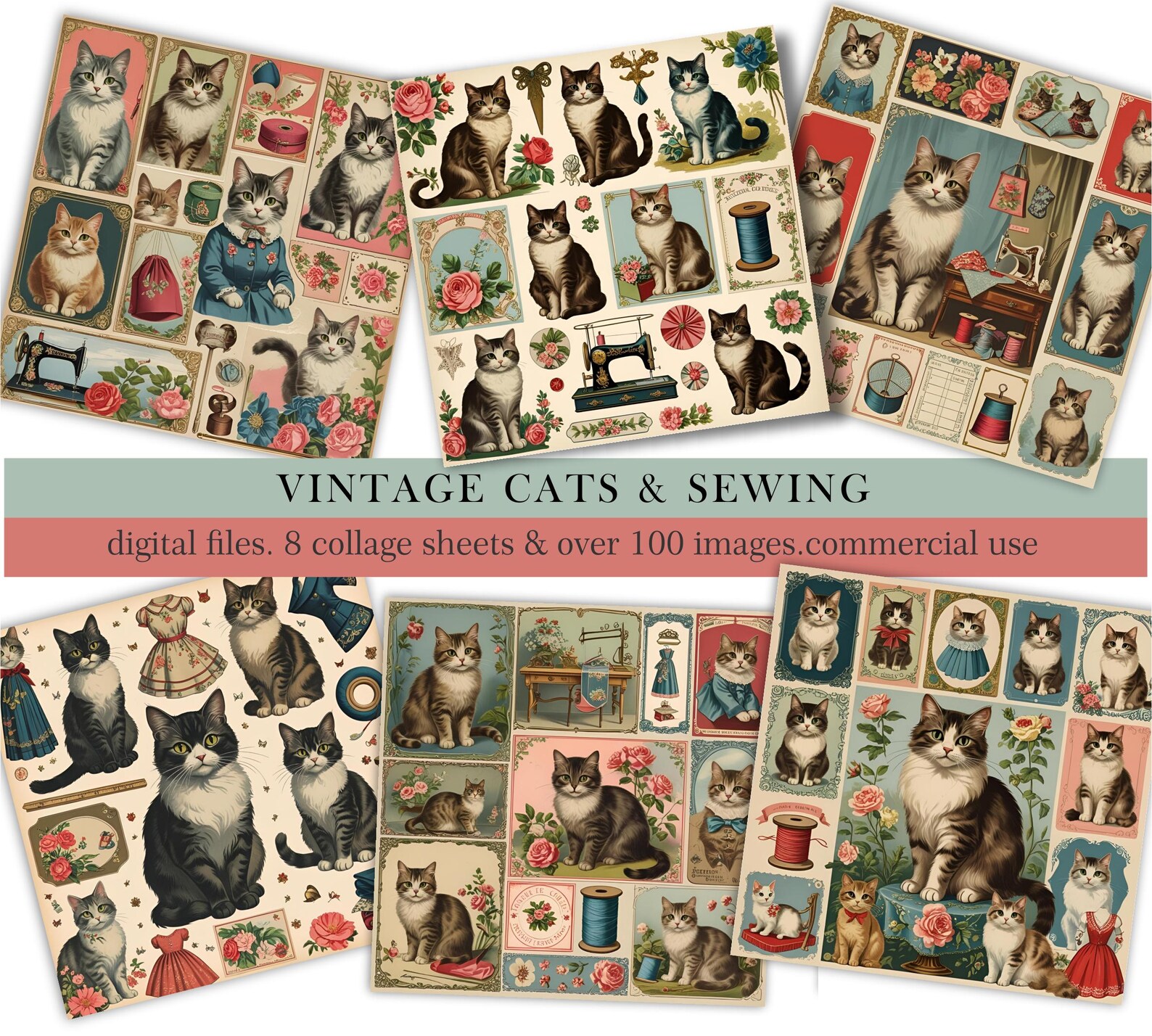 Vintage Cats and Sewing Collage Sheets.8 Digital Pages, Over 100 Images ...