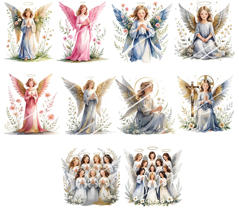 Watercolor Angel Clipart | 20 PNG Christian Angels With Wings & Flowers ...