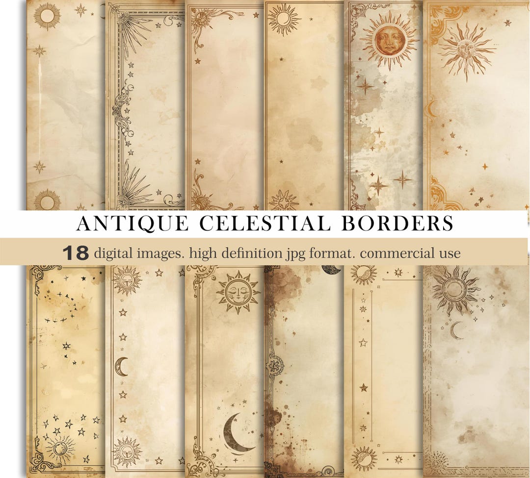 Antique Celestial Borders Digital Paper, Vintage Sun Moon Star Journal ...