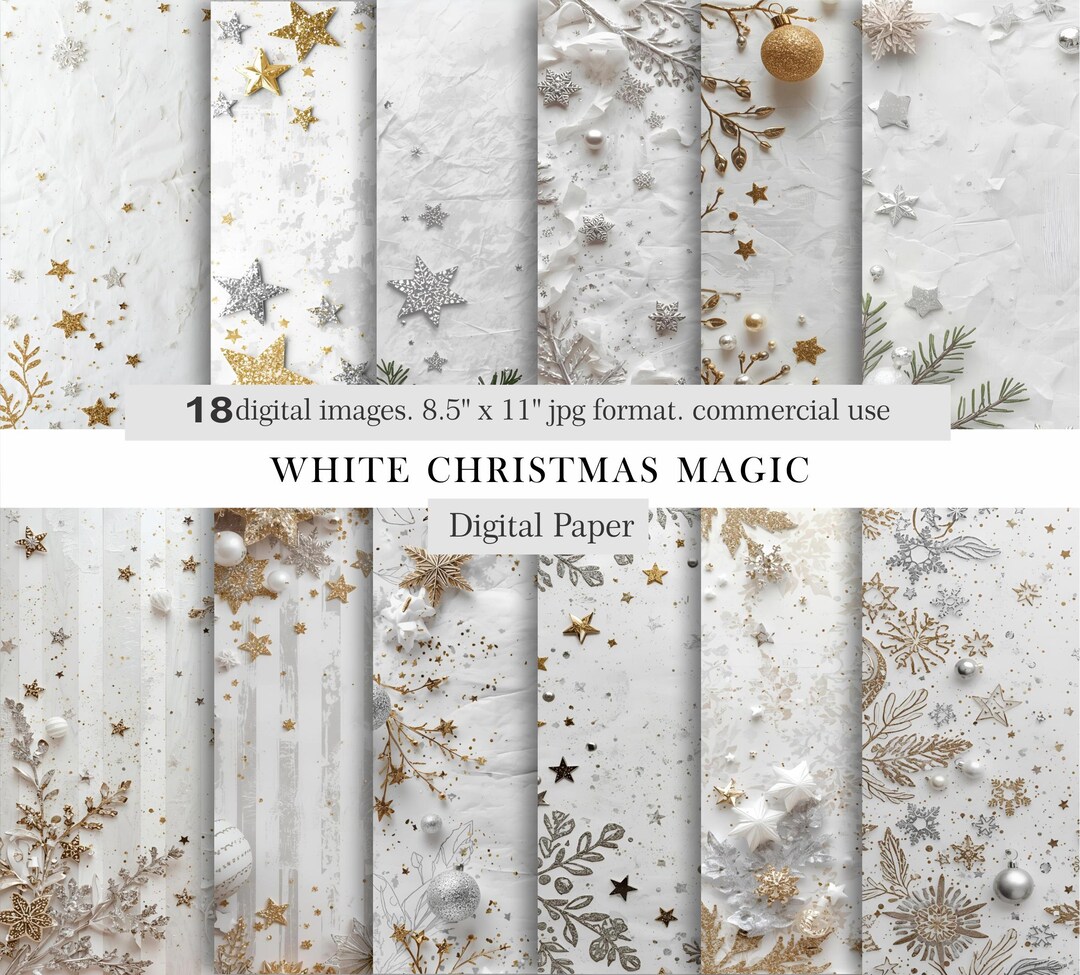 White Christmas Digital Paper, Gold Silver Holiday Backgrounds, Elegant ...