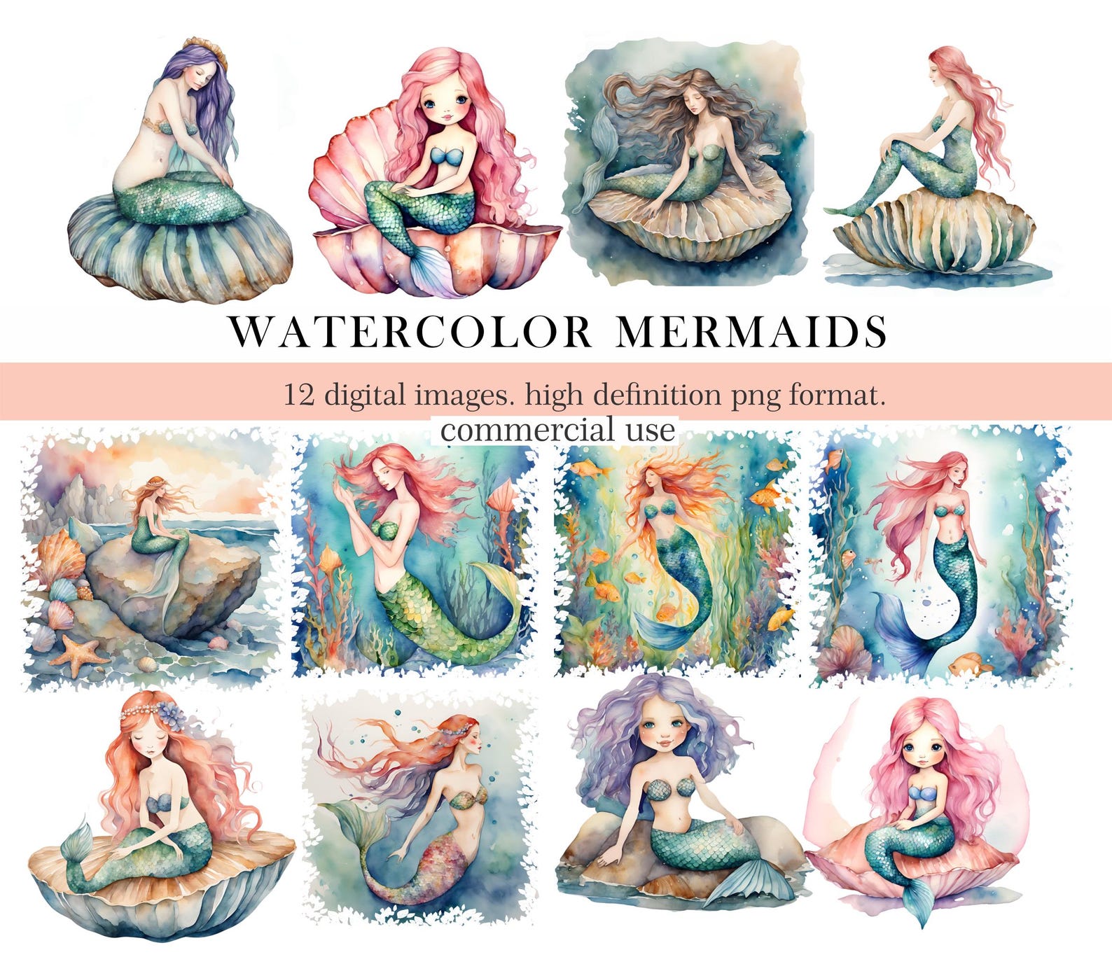 Watercolor Mermaids Clipart-underwater Clipart-cute Mermaids Clipart ...