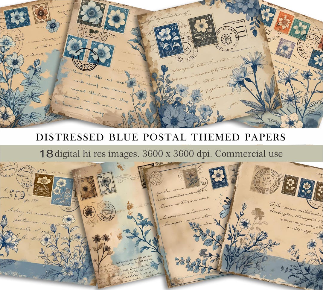 Distressed Blue Postal Digital Papers, Vintage Stamp Ephemera, Floral ...