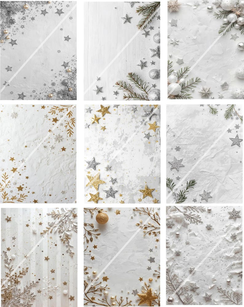 White Christmas Digital Paper, Gold Silver Holiday Backgrounds, Elegant ...