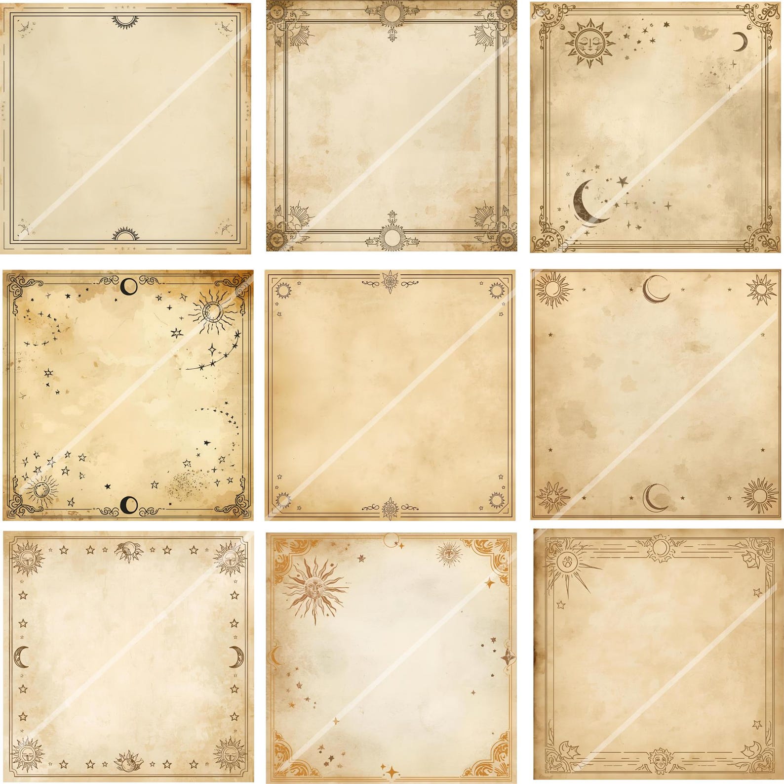 Antique Celestial Borders Digital Paper, Vintage Sun Moon Star Journal ...