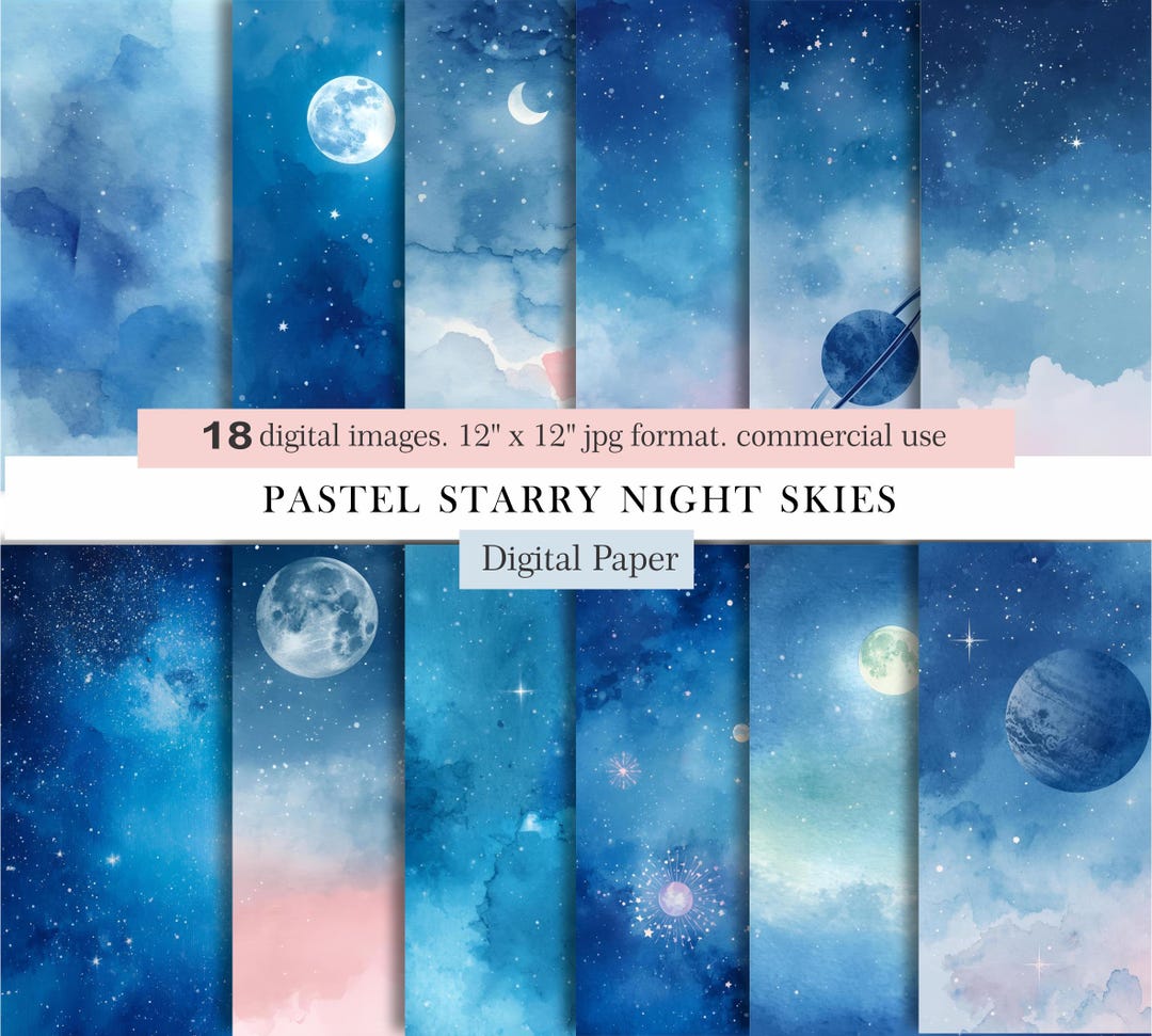 Starry Blue Night Skies Digital Paper, Galaxy Scrapbook, Pastel Starry ...