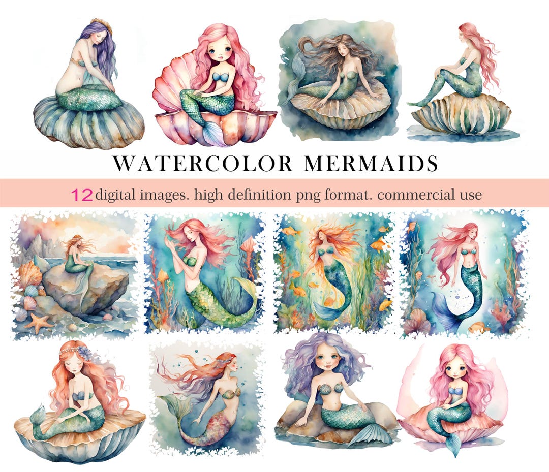 Watercolor Mermaids Clipart-underwater Clipart-cute Mermaids Clipart ...