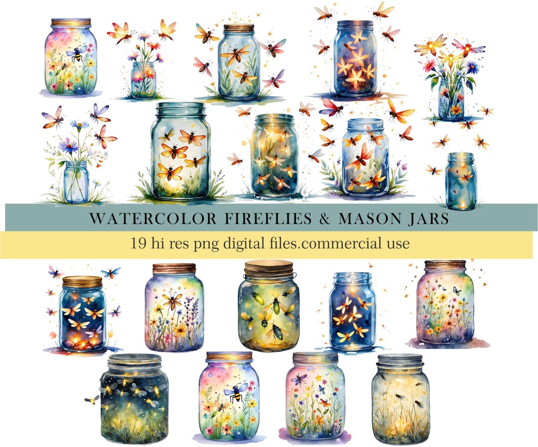 Watercolor Fireflies and Mason Jars Clipart. PNG Digital Firefly Jar ...