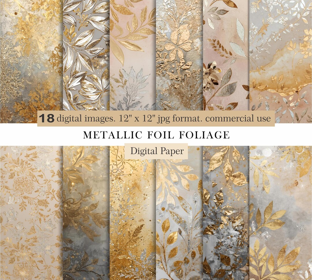 Metallic Foil Foliage Digital Paper Pack. Gold and Silver Floral ...