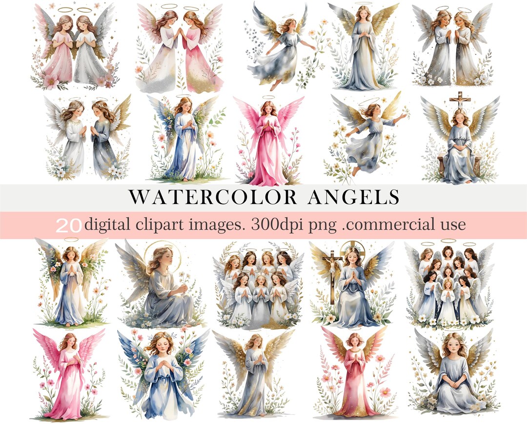 Watercolor Angel Clipart | 20 PNG Christian Angels With Wings & Flowers ...