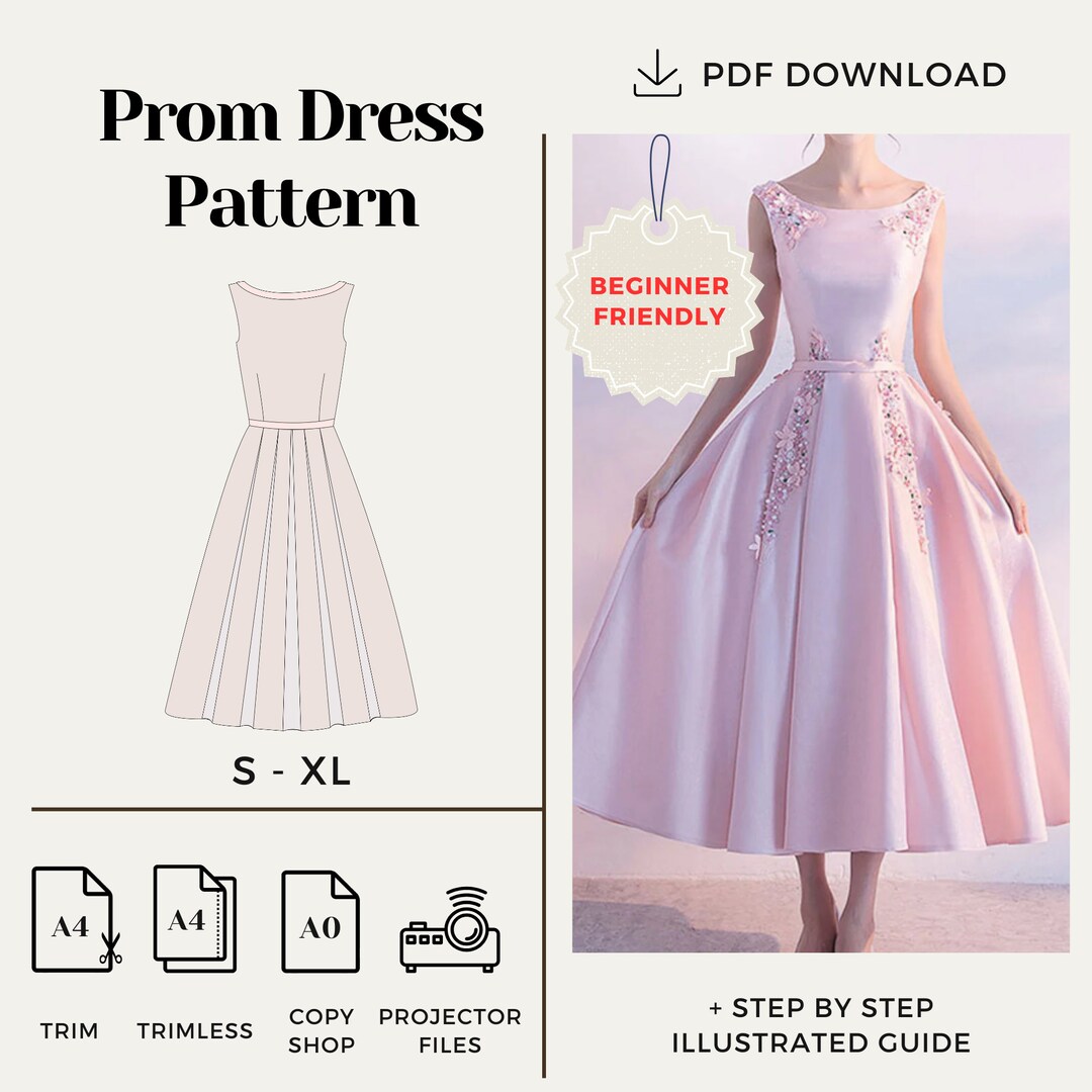 Prom Dress Pattern, Tea Length Dress, Easy Sewing Pattern, A4, A0 ...