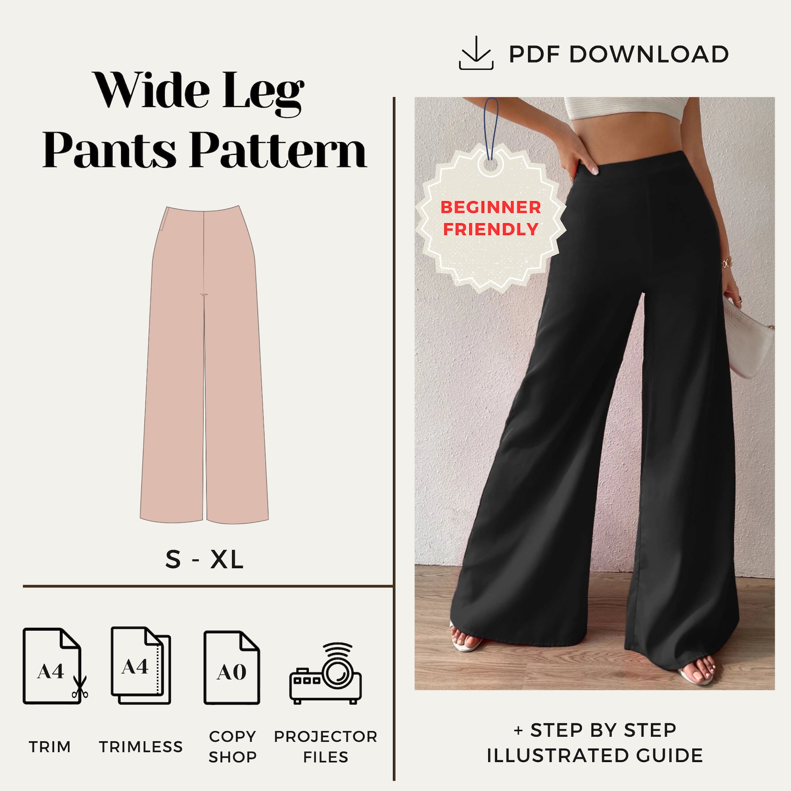 Wide Leg Palazzo Pants Sewing Pattern: Beginner Friendly (A4, A0 ...