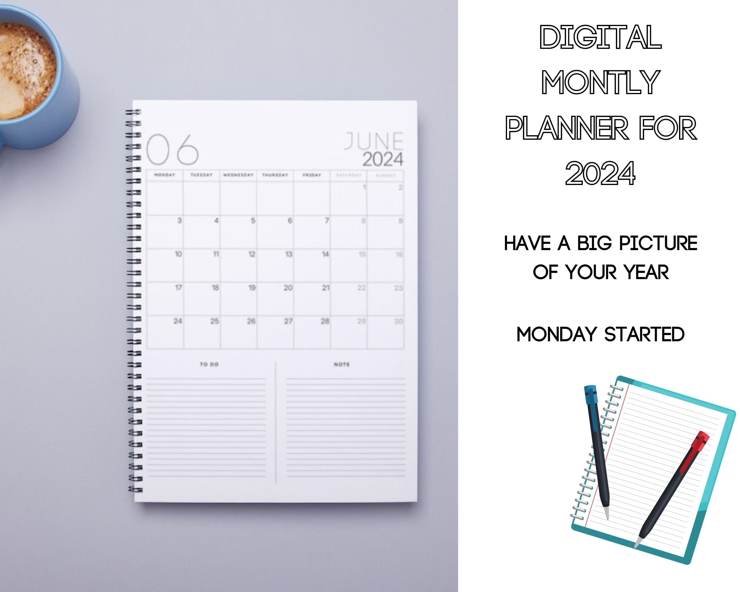 2024 Monthly Planner: A4 Printable Calendar for Goodnotes - Etsy