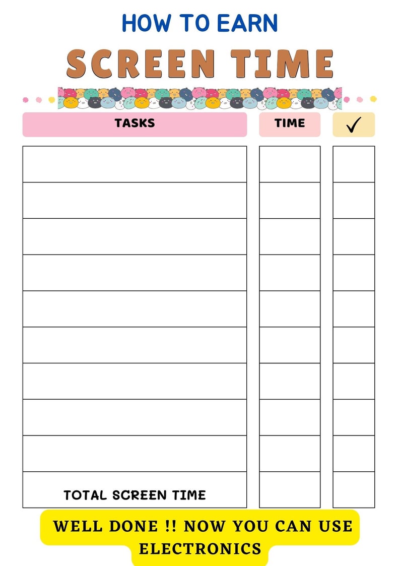 Printable Kids SCREENTIME, CHORE & EXERCISE Chart. Introduce Screen ...
