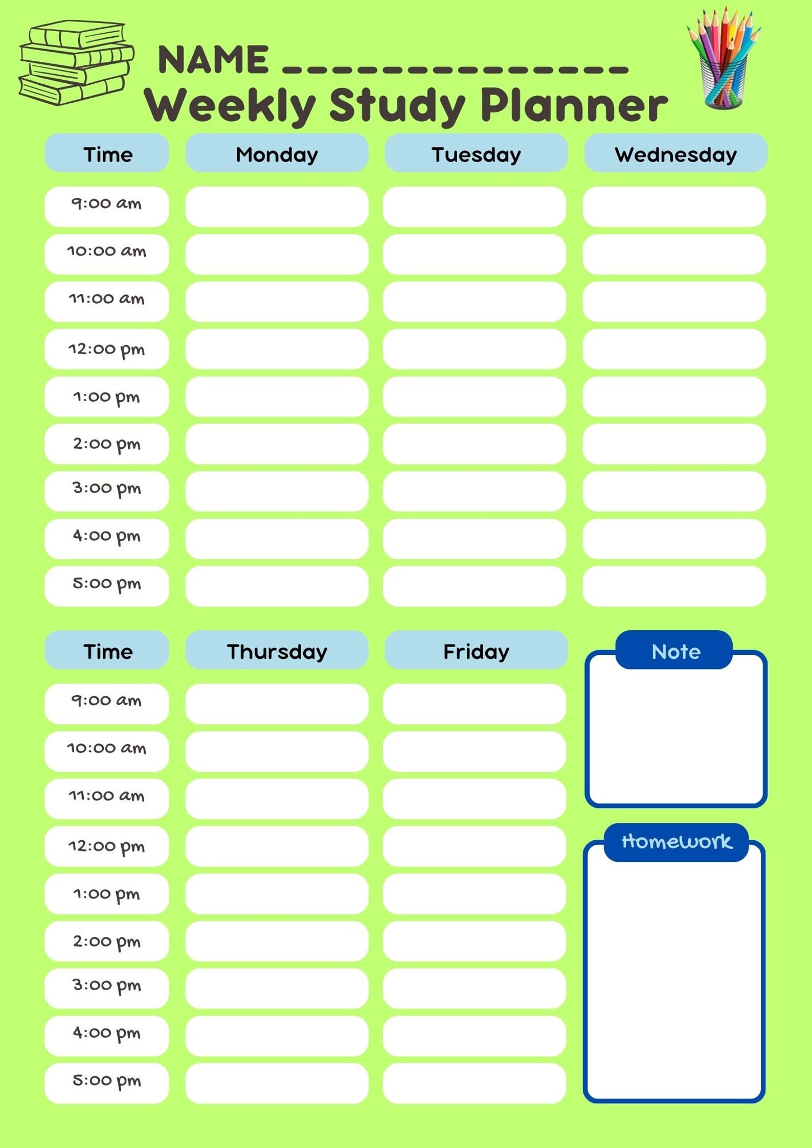 Kids Weekly HOMEWORK PLANNER X 10 Fun Colour Options - Etsy