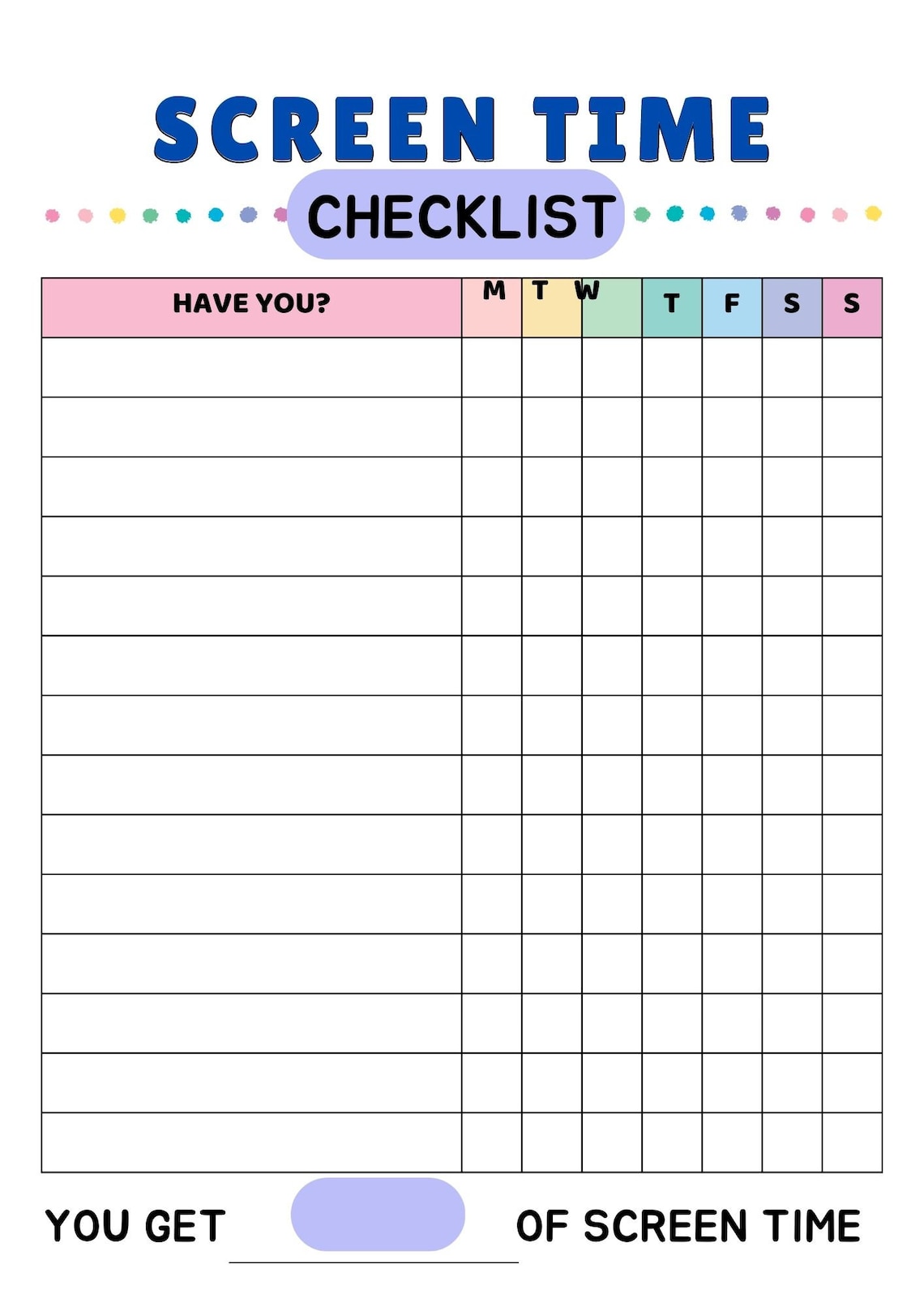 BUMPER Kids Screen Time Chore Chart, Printable Screen Time Charts ...