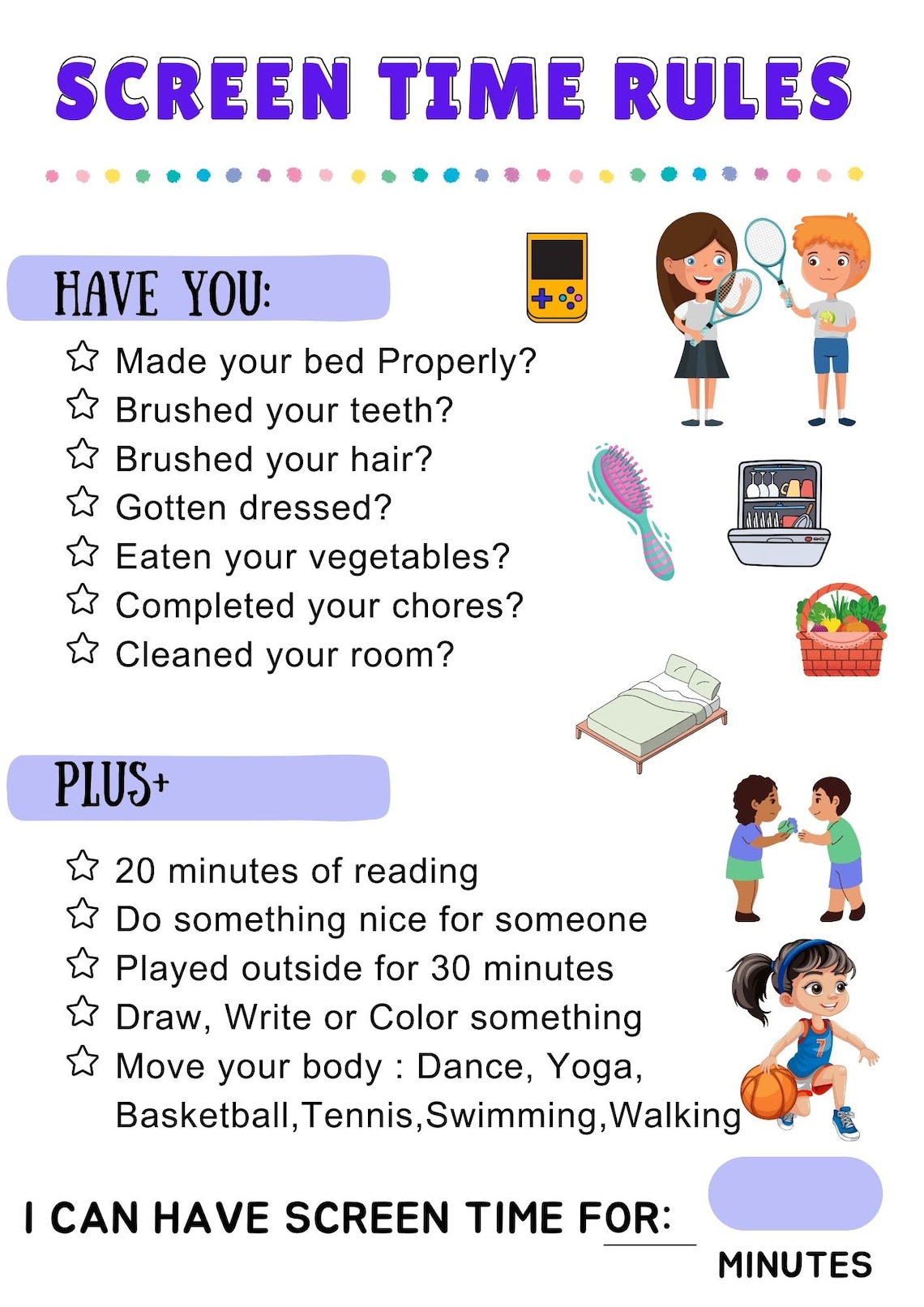 Printable Kids SCREENTIME, CHORE & EXERCISE Chart. Introduce Screen ...