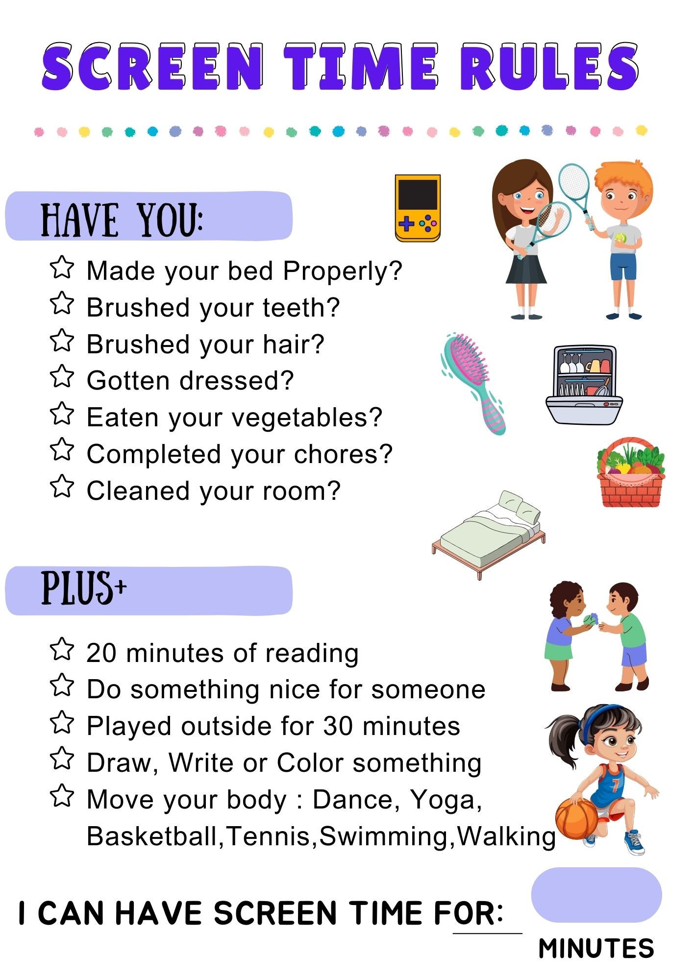 Printable Kids SCREENTIME, CHORE & EXERCISE Chart. Introduce Screen ...