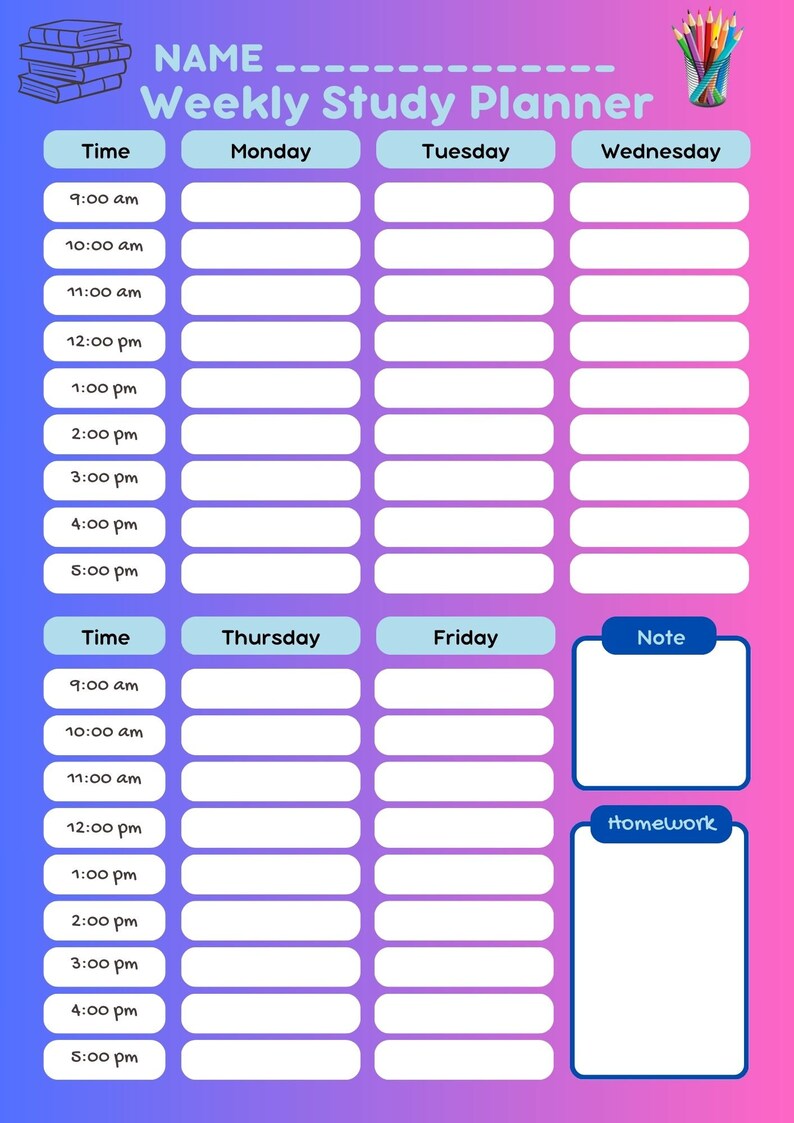 Kids Weekly HOMEWORK PLANNER X 10 Fun Colour Options - Etsy