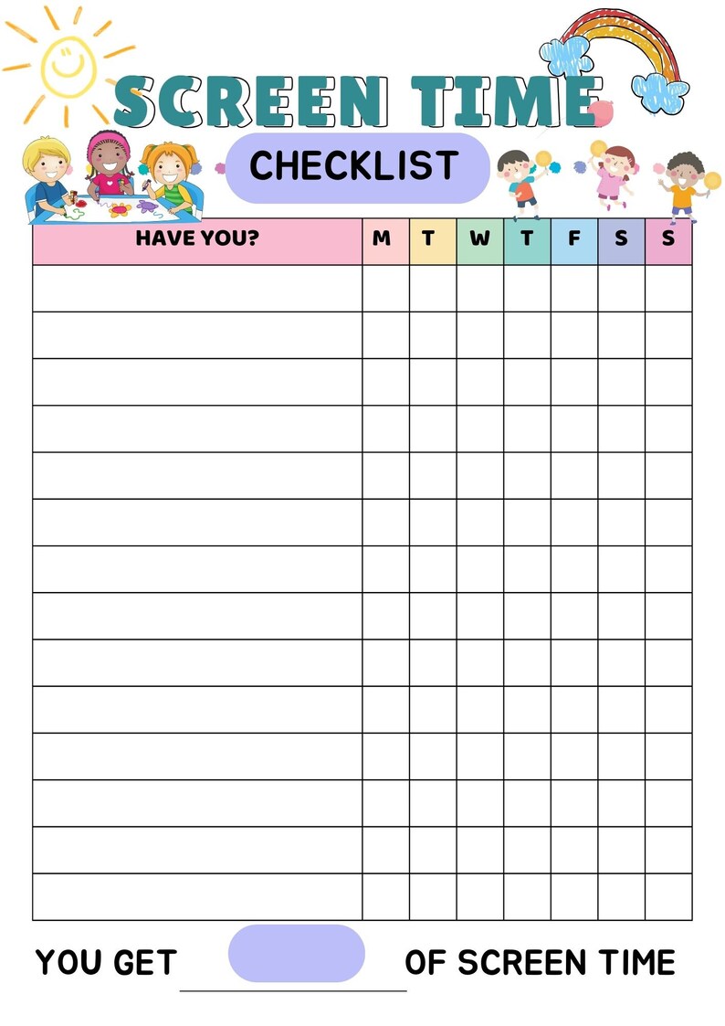Printable Kids SCREENTIME, CHORE & EXERCISE Chart. Introduce Screen ...