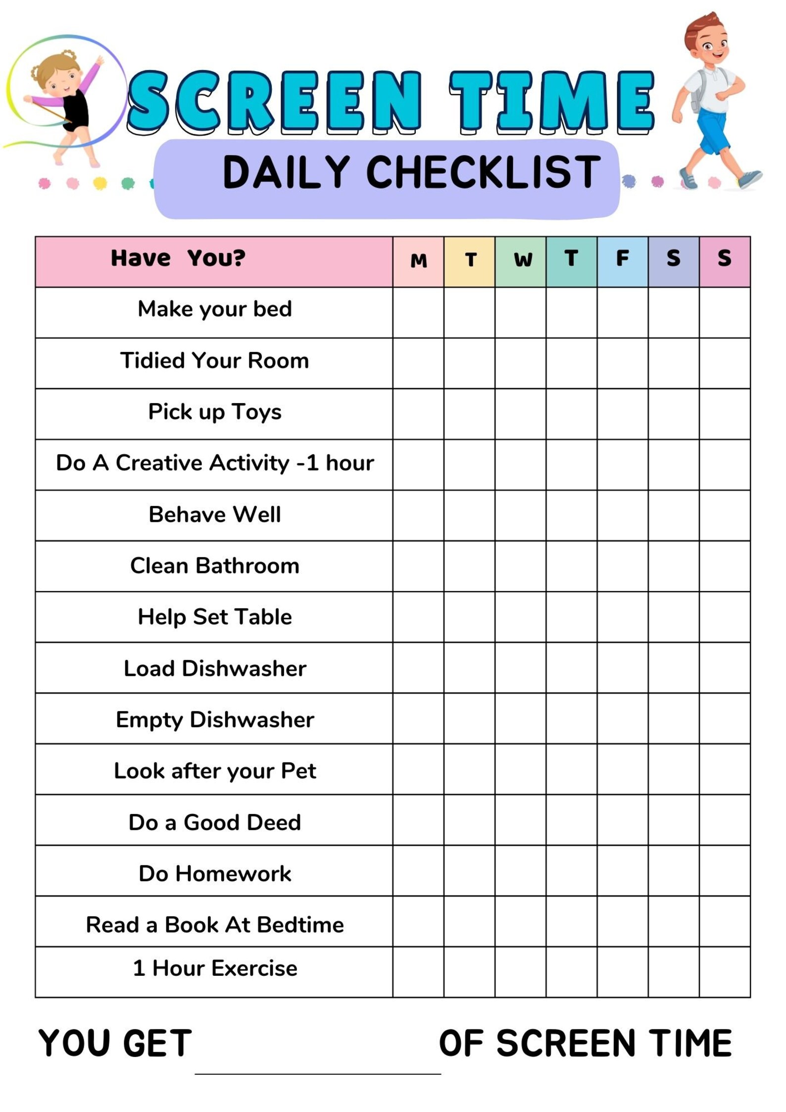 Printable Kids SCREENTIME, CHORE & EXERCISE Chart. Introduce Screen ...