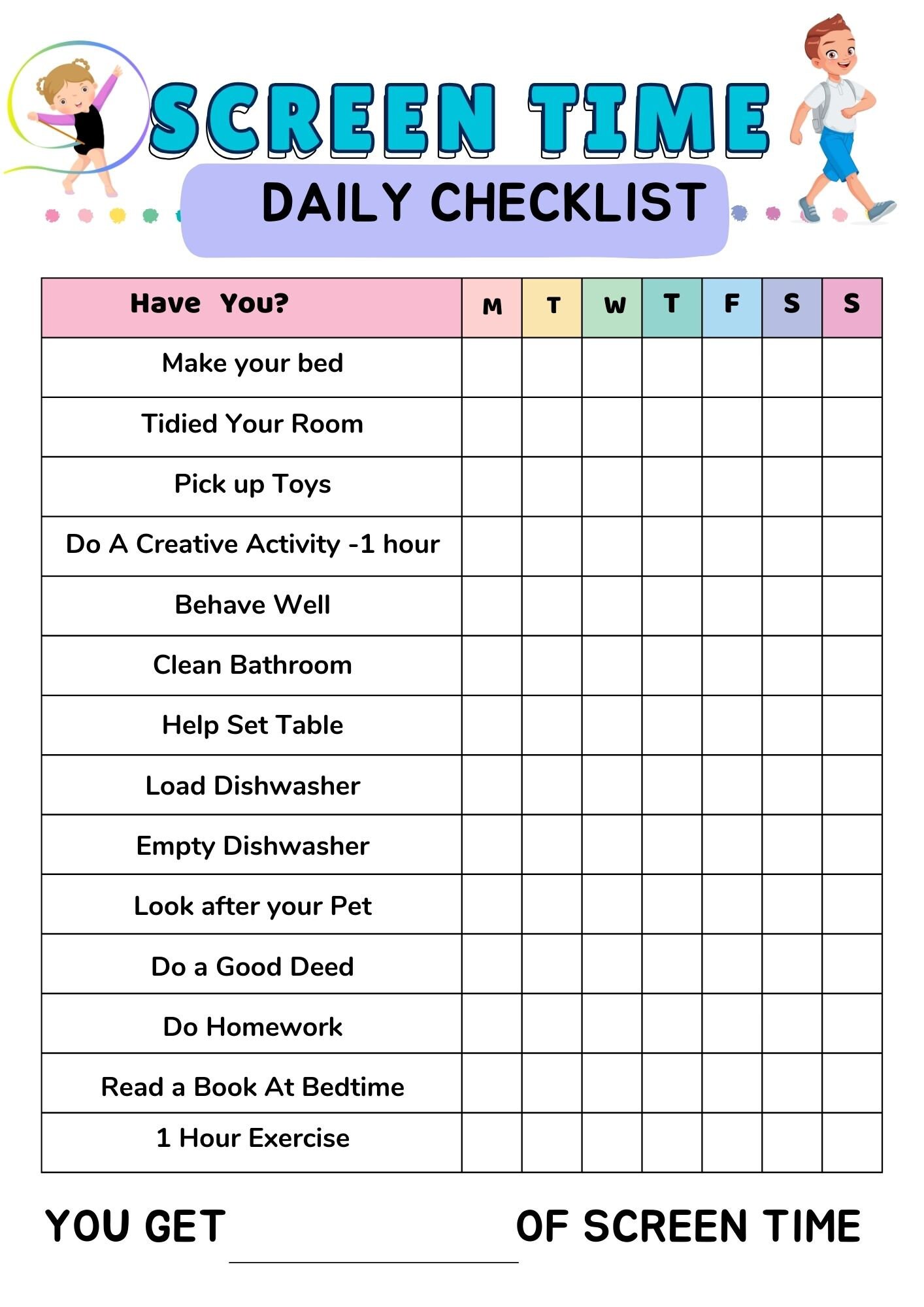 Printable Kids SCREENTIME, CHORE & EXERCISE Chart. Introduce Screen ...