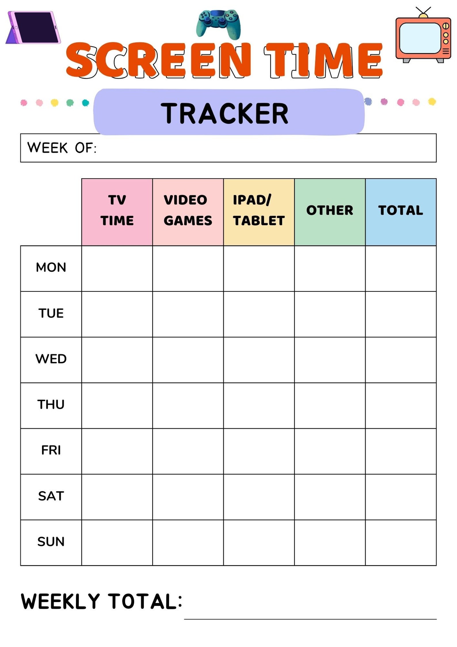 Printable Kids SCREENTIME, CHORE & EXERCISE Chart. Introduce Screen ...