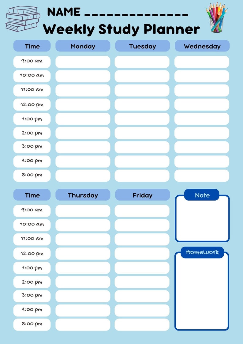 Kids Weekly HOMEWORK PLANNER X 10 Fun Colour Options - Etsy