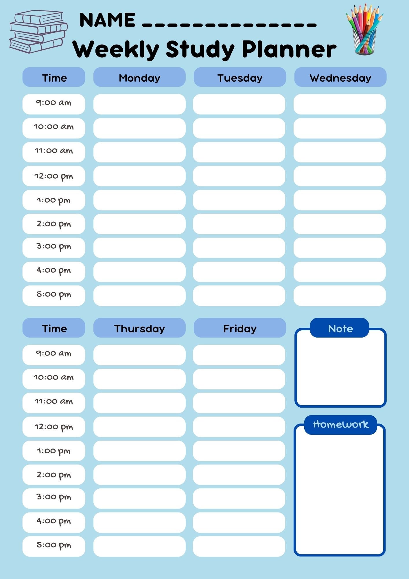Kids Weekly HOMEWORK PLANNER X 10 Fun Colour Options - Etsy