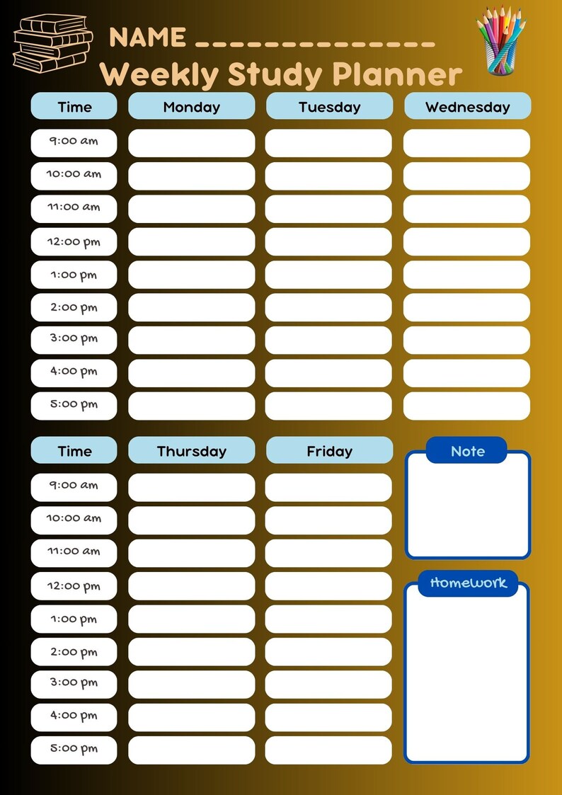 Kids Weekly HOMEWORK PLANNER X 10 Fun Colour Options - Etsy