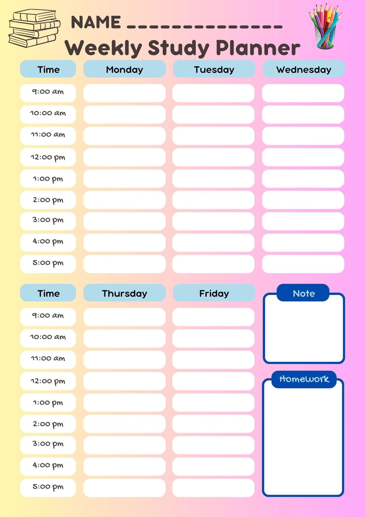 Kids Weekly HOMEWORK PLANNER X 10 Fun Colour Options - Etsy